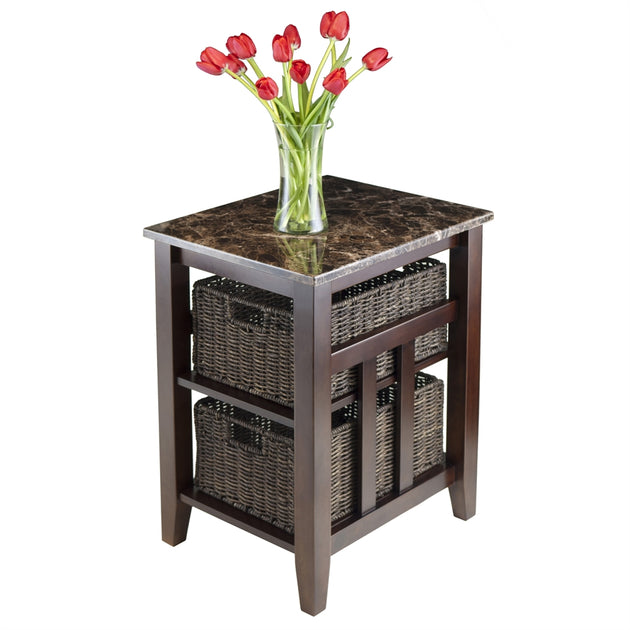 Winsome Wood Zoey Side Table Faux Marble Top with 2 Baskets | ShopSimon
