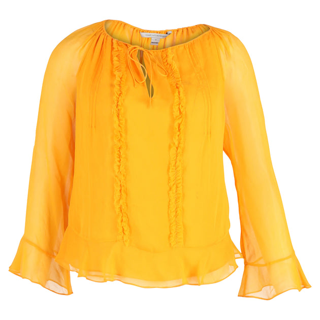 Diane von Furstenberg Ruffled Sheer Sleeve Top In Yellow Silk | ShopSimon