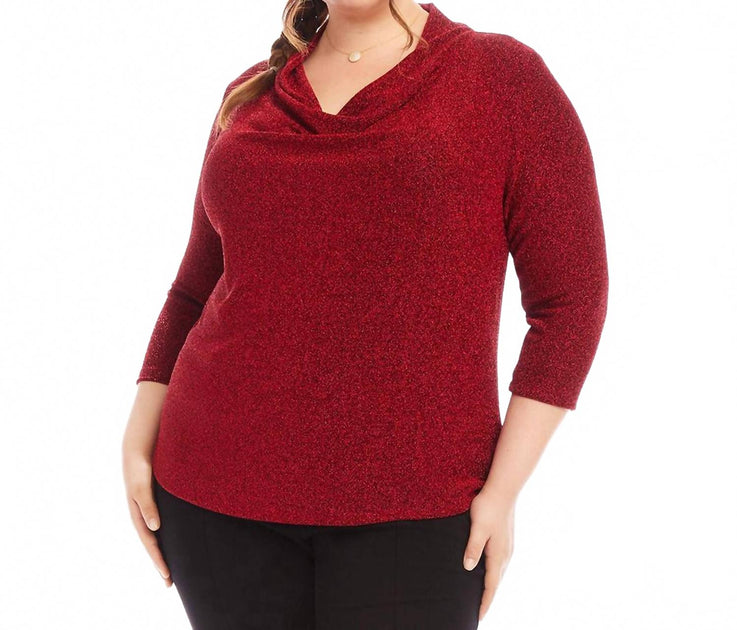 Karen Kane Plus Size Drape Neck Metallic Top In Red | ShopSimon