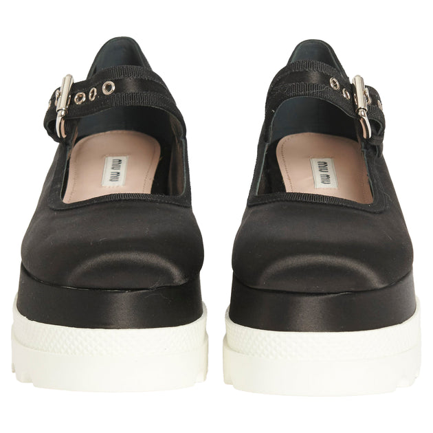 Miu Miu 2017 Black Satin Preowned Flatform Mary Jane Ballet Pumps ...