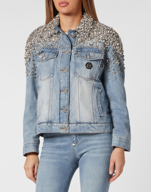 PHILIPP PLEIN Crystal Stones Denim Oversize Jacket with Stones | ShopSimon