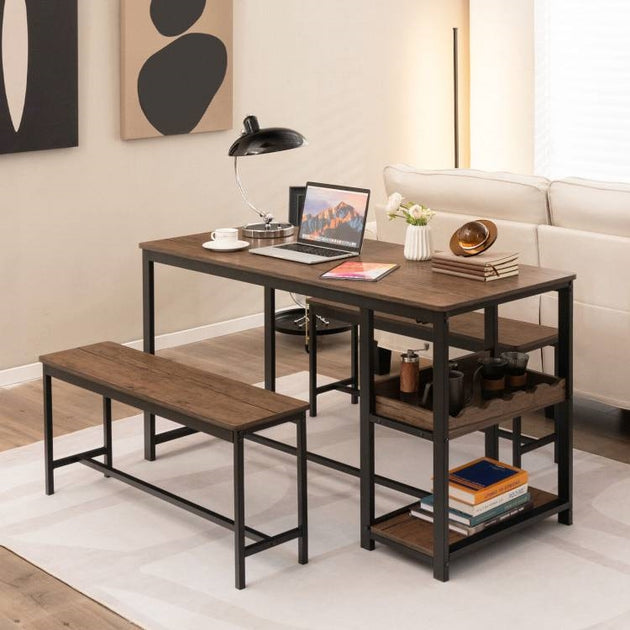 QuikFurn Modern Industrial 3-Piece Metal Wood Dining Set with 2 Benches ...