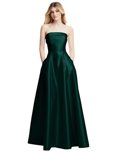 Alfred Sung Strapless Bias Cuff Bodice Satin Gown with Pockets | ShopSimon