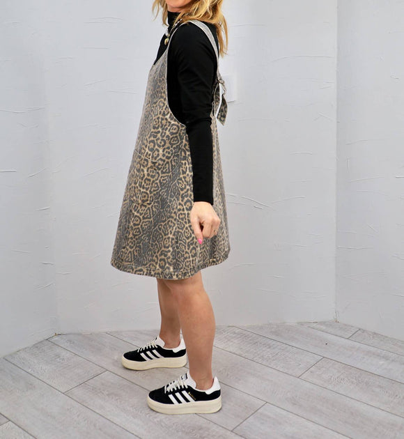 entro Carly Leopard Denim Mini Dress In Brown | ShopSimon