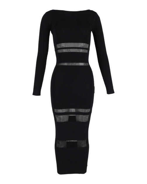 Self-Portrait Sheer Panels Midi Dress In Black Viscose | ShopSimon