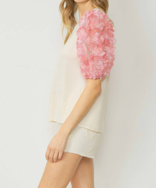 entro Ribbed 3D Floral Sleeved Top In Natural | ShopSimon