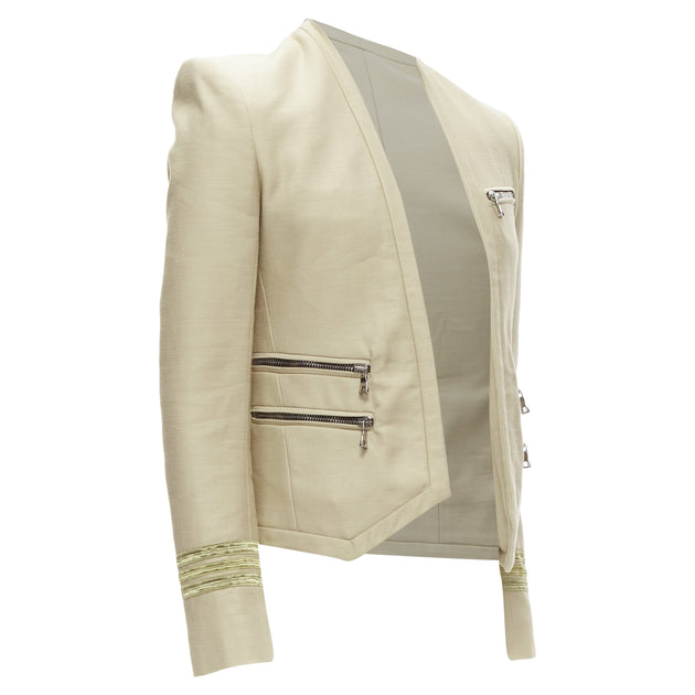 Balmain Cotton Military Trim Zippers Cropped Fitted Jacket | ShopSimon