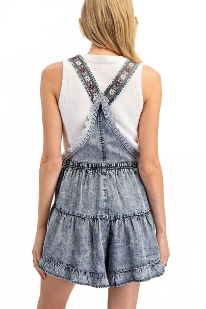 ee:some Snow Washed Lace Detailed Romper In Denim | ShopSimon