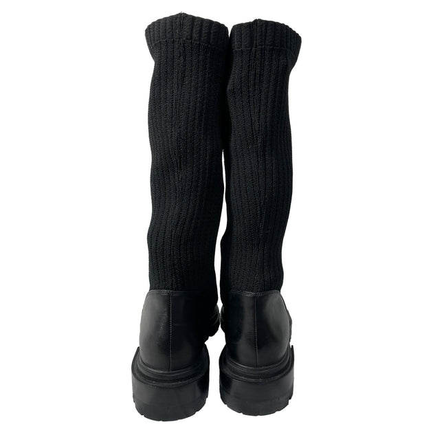 Porte & Paire Ribbed-knit Lace-up High Combat Boots In Black Leather ...