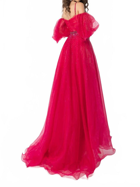 Ava Presley Off-The-Shoulder Gown In Fuchsia | ShopSimon