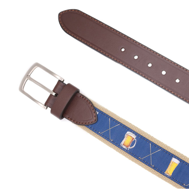 Pebble Beach Men's Ribbon Belt with Golf Clubs and Beer | ShopSimon