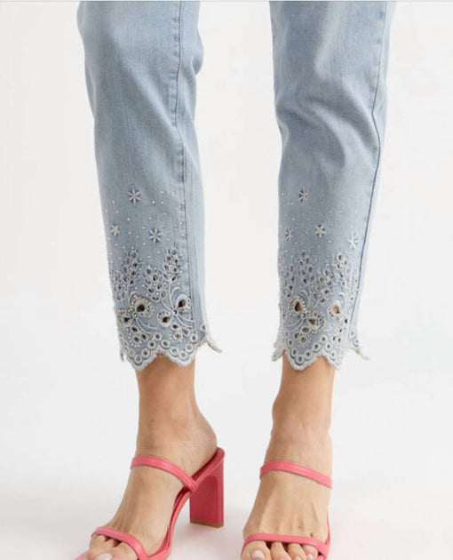 ORLY Button Front Jeans With Floral Cutouts And Bling In Light Blue ...