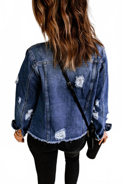 Pretty Bash Denim Distressed Raw Hem Jacket In Blue | ShopSimon