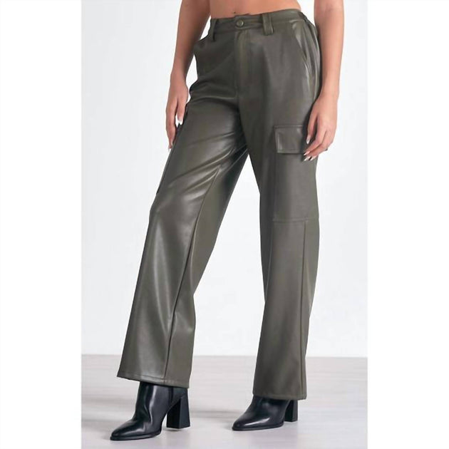 ELAN Faux Leather Cargo Pants In Olive | ShopSimon