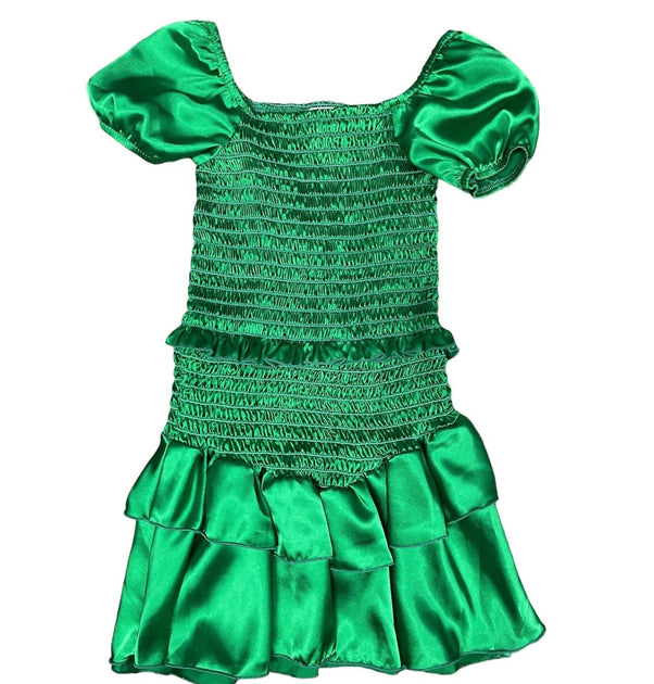 Cheryl Creations Girl's Satin Puff Sleeve Smock Dress In Green | ShopSimon