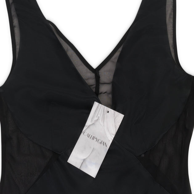 Callipygian Sheer Panel Bias Black Day Dress | ShopSimon