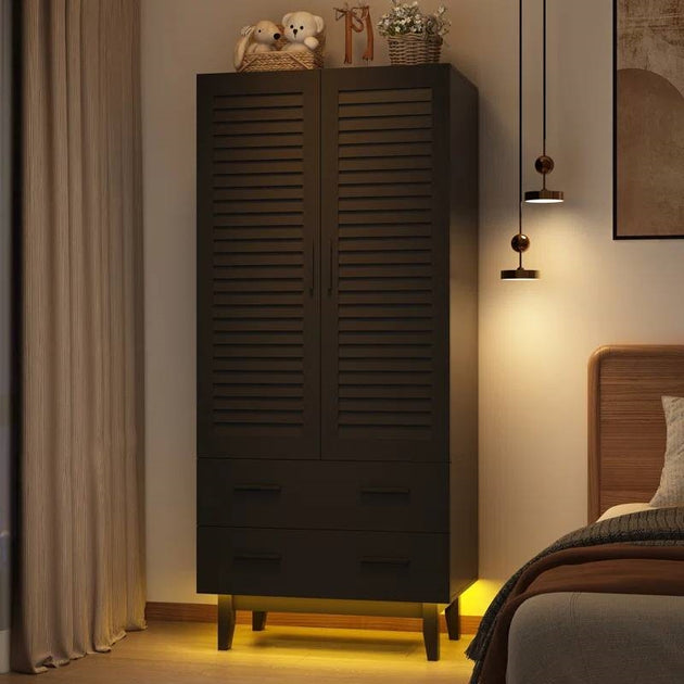 Hivvago Matte Black Mid-Century Wardrobe Armoire with Louver Doors and ...