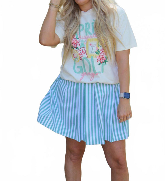 ADRIENNE Vacay Countdown Zara Pleated Skirt In Green Stripe | ShopSimon