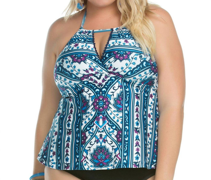 BECCA Plus Size Inspired Halter Tankini Top In Blue | ShopSimon