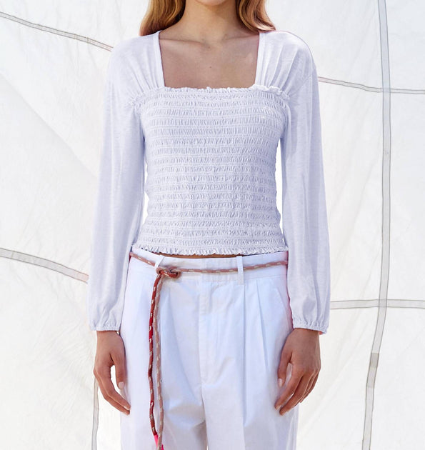 Sundry Smocked Bodice Long Sleeve Top In White | ShopSimon