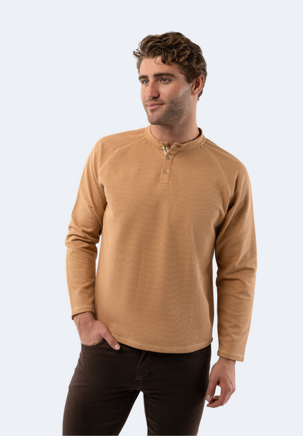 American Heritage British Tan Waffle Knit 3-Button Henley | ShopSimon