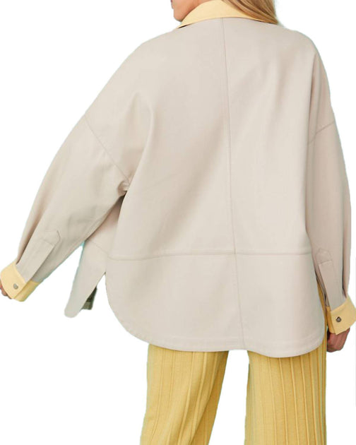 JAYLEY Oversized Faux Leather Utility Shirt Jacket In Beige With Yellow ...