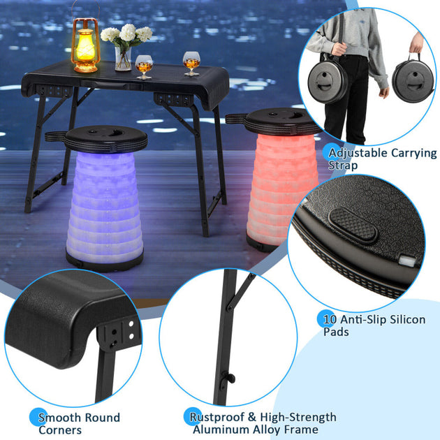Hivvago 3 Pieces Folding Camping Table Stool Set with 2 Retractable LED ...