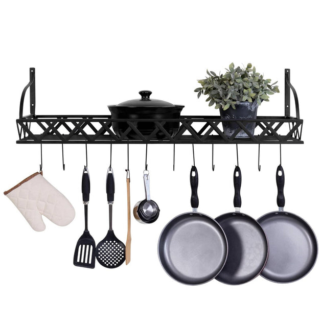 QuikFurn Black Metal Rectangular Wall Mounted Kitchen Pot Rack with 12 ...