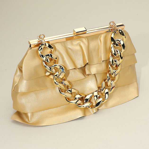 FASHNZFAB Faux Leather Layered Ruffle Chunky Chain Strap Handle Evening ...