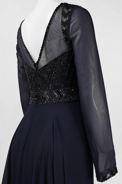 Sue Wong Beaded Bodice Evening Dress In Navy | ShopSimon
