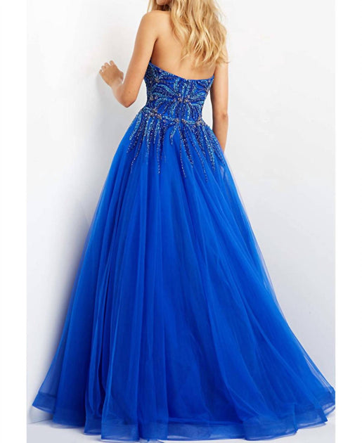 JOVANI Beaded Bodice Strapless Gown In Blue | ShopSimon