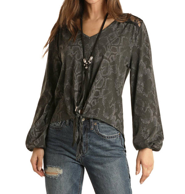 Panhandle Snake Print Tie Front Top In Black | ShopSimon