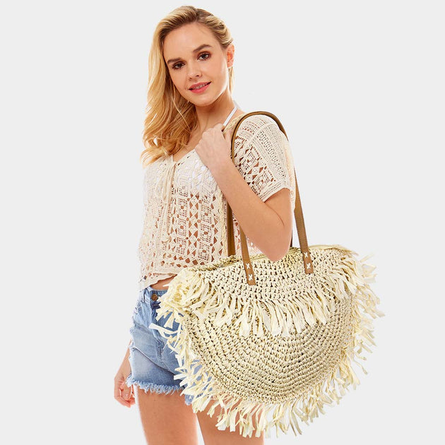 FASHNZFAB Round Straw Fringe Bag | ShopSimon