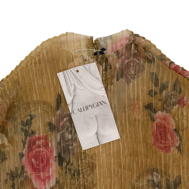 Callipygian Floral Pleated Turtleneck Gold Sweater | ShopSimon