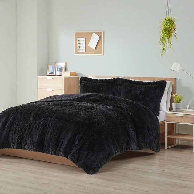 Hivvago Black Soft Sherpa Faux Fur 2-Piece Comforter Set with Shams ...