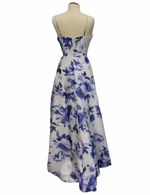 Bariano Anne Asymmetrical Floral Gown In White/blue | ShopSimon