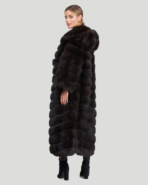 Gorski Horizontal Russian Sable Coat with Hood and Leather Belt | ShopSimon