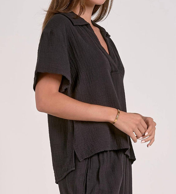 ELAN Short Sleeve V-Neck Gauze Top In Black | ShopSimon