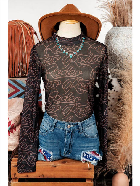 Merigold Kiss Rodeo Script Mesh Top In Black | ShopSimon