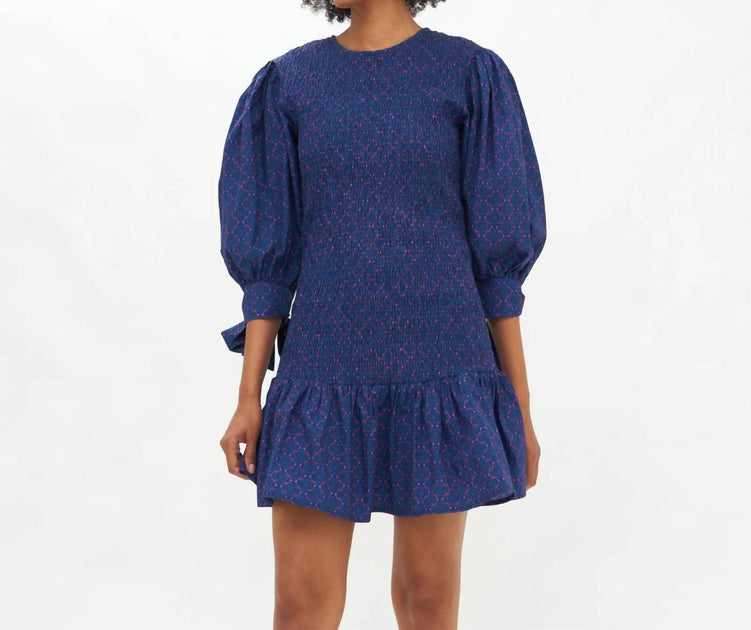 Oliphant Smocked Tie Sleeve Mini Dress In Navy Morocco | ShopSimon