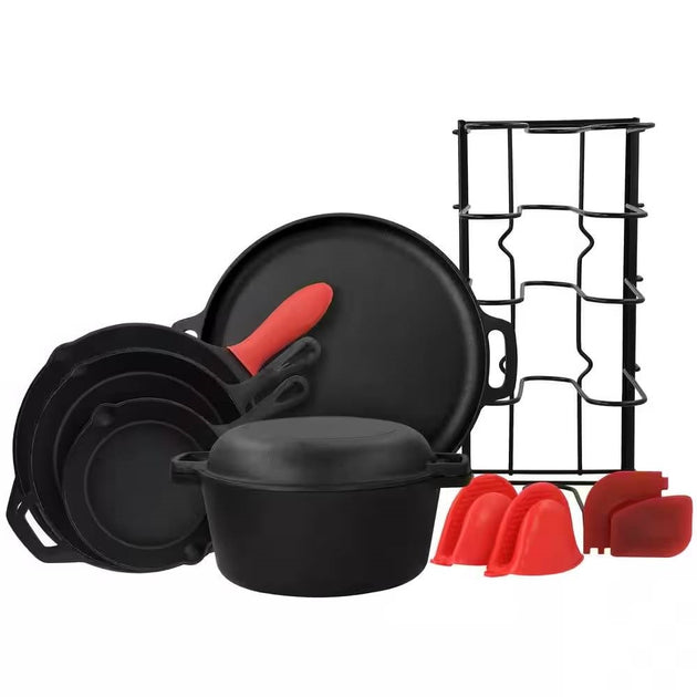 QuikFurn 12-Piece Cast Iron Cookware set with Dutch Oven Frying Pan ...