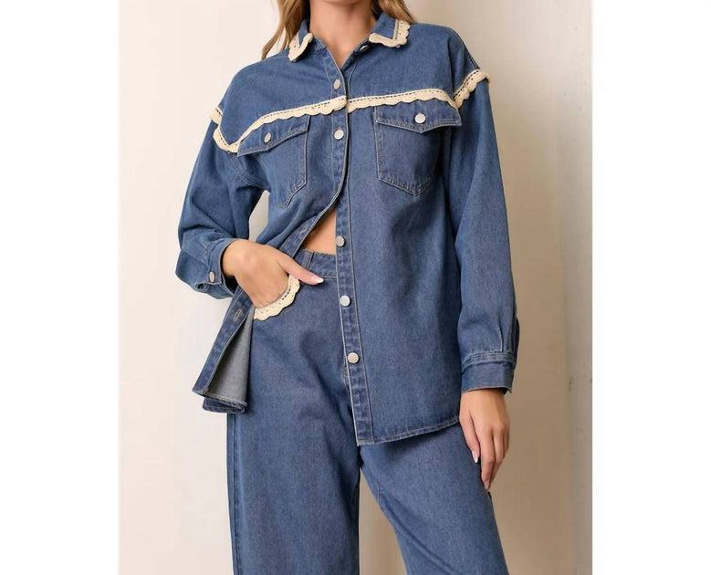 Polagram Lacy Vibes Crochet Shacket In Denim | ShopSimon
