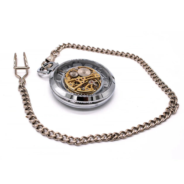 TruClothing Mechanical Skeleton Open Face Silver Pocket Watch With ...