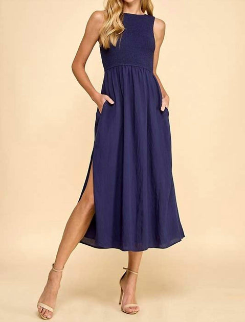 TCEC Sleeveless Smocked Bodice Midi Dress In Navy | ShopSimon