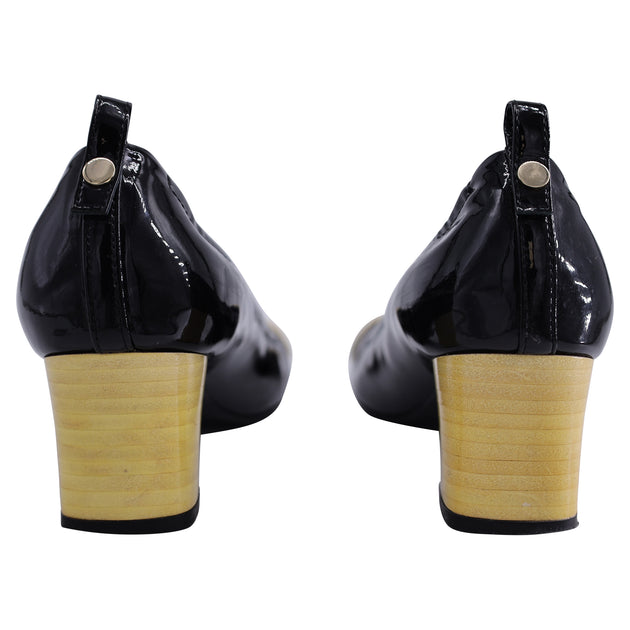 Lanvin Cube-heel Cap Toe Ballet Pumps In Black Patent Leather | ShopSimon