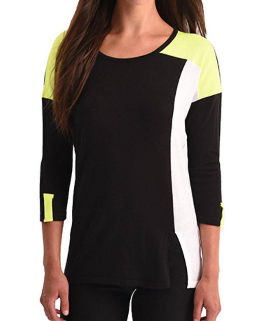 ANGEL Color Block 3/4 Sleeve Top In Black Multi | ShopSimon