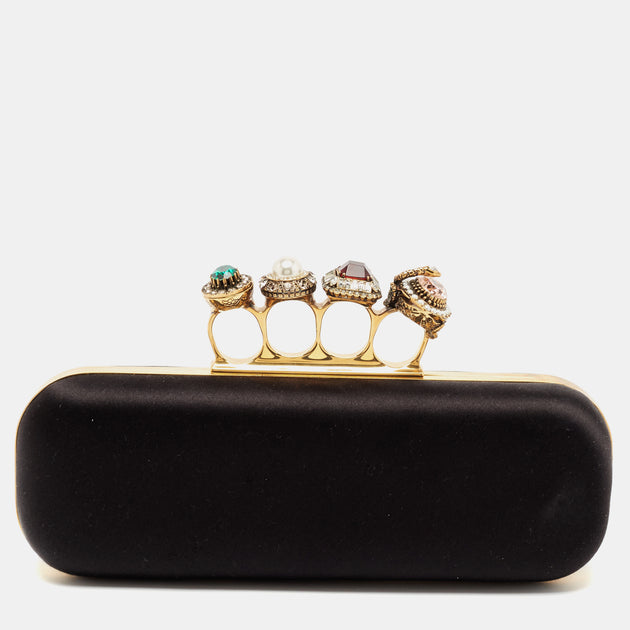 Alexander Mcqueen Black Satin Crystal Knuckle Duster Clutch | ShopSimon