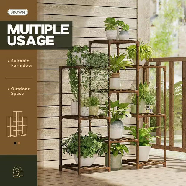 Hivvago Natural Wood Bookcase Plant Stand Shelving Rack - Holds up to 9 ...