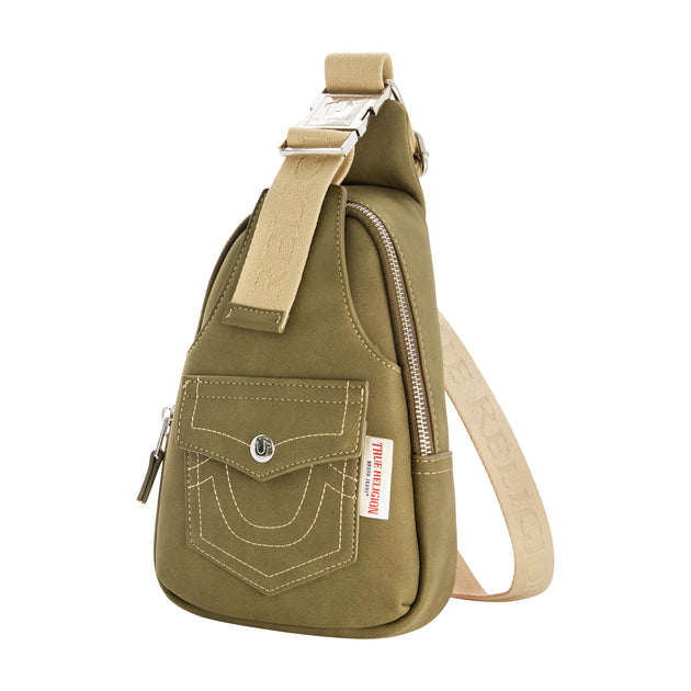 True Religion Suede Sling With Horseshoe Front Pocket | ShopSimon