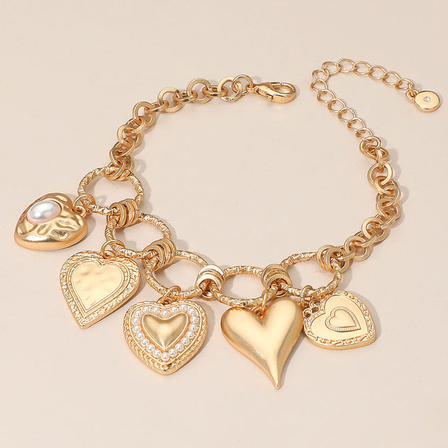 FASHNZFAB Heart Charm Station Chunky Chain Bracelet Cream, Matte gold ...